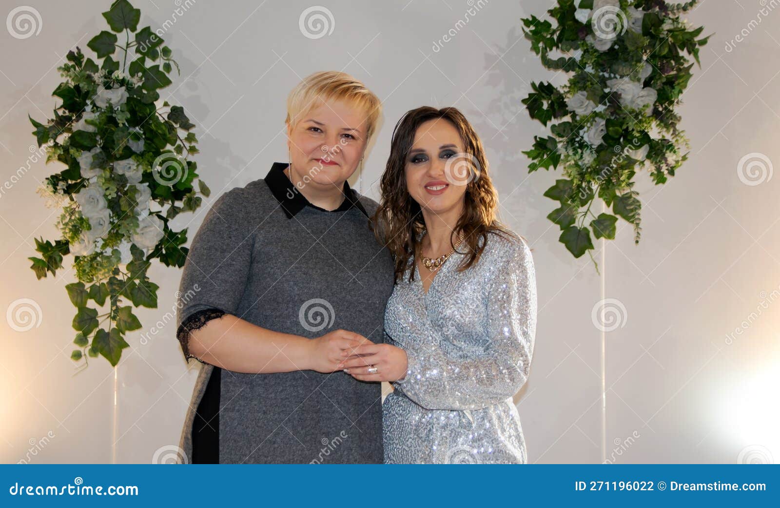 Two Friends in Evening Dresses, Posing on Stage. Stock Photo - Image of ...