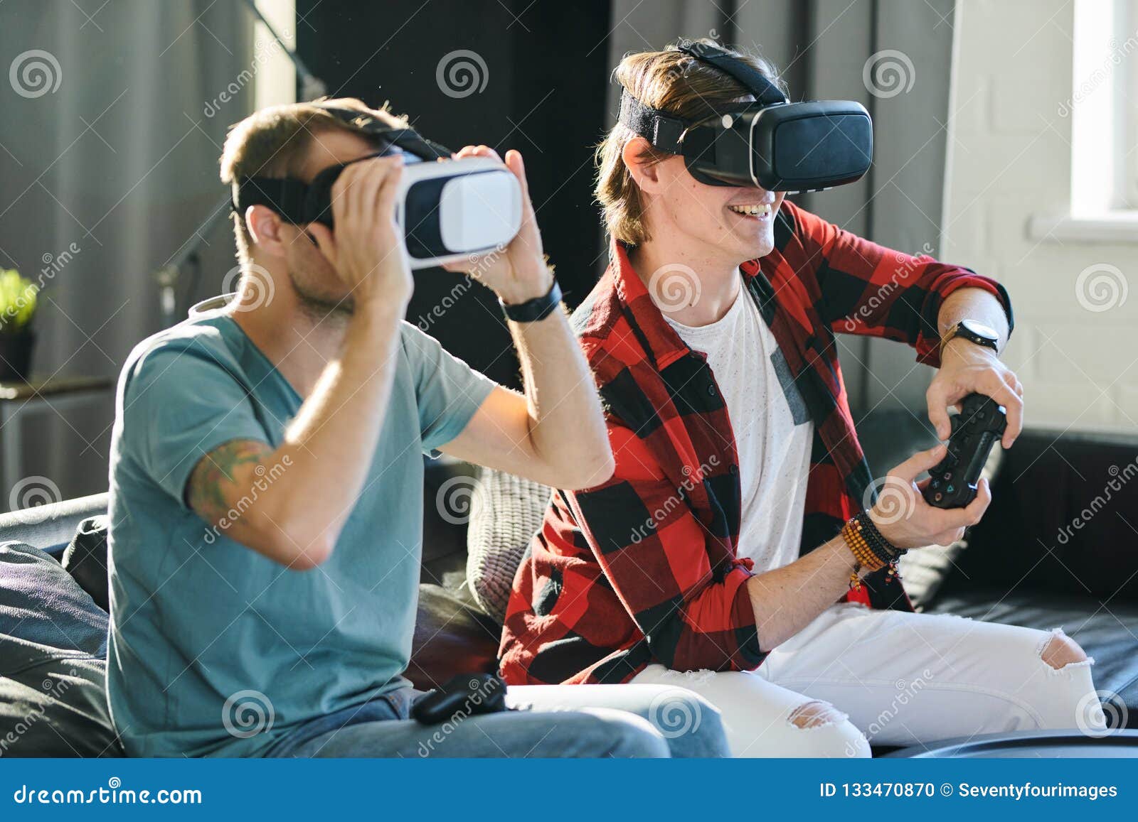 Men Playing Game with VR Device Stock Photo - Image of goggles, console ...