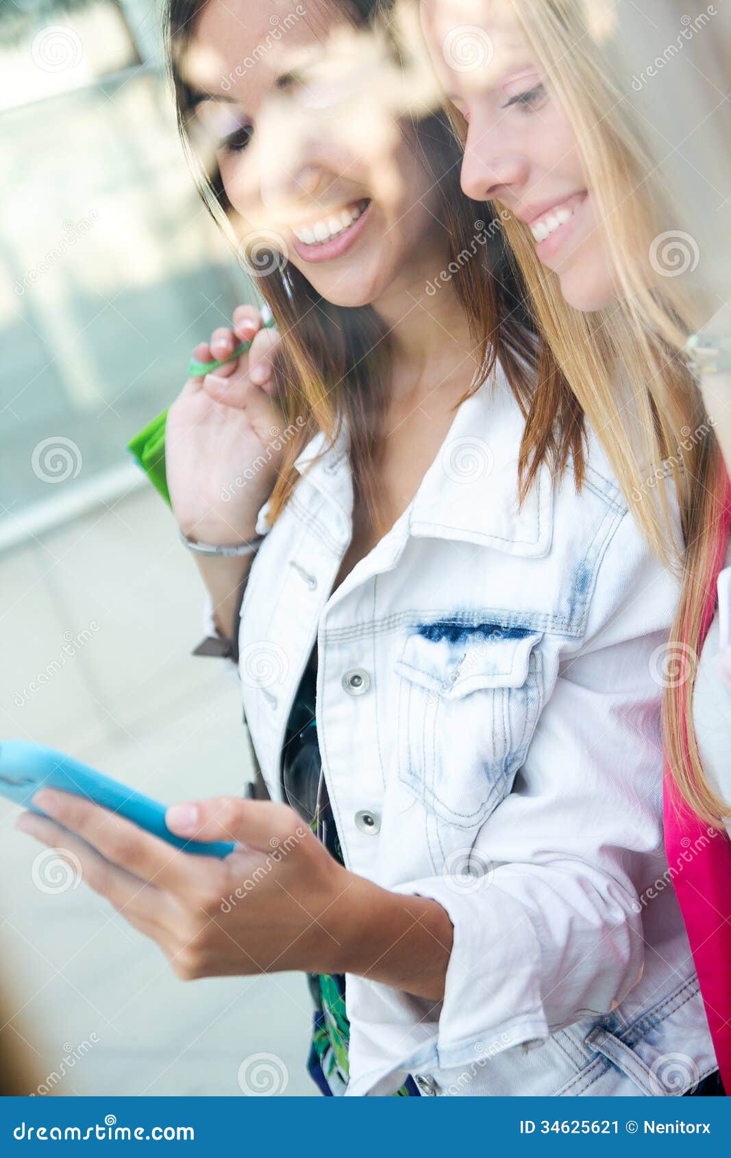 Two Friends Having Fun with Smartphones Stock Image - Image of read ...