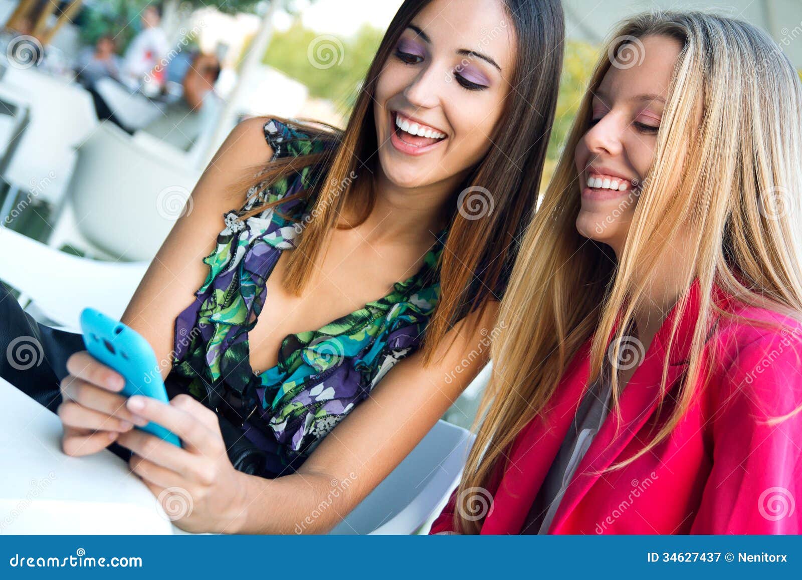 Two Friends Having Fun with Smartphones Stock Image - Image of chatting ...