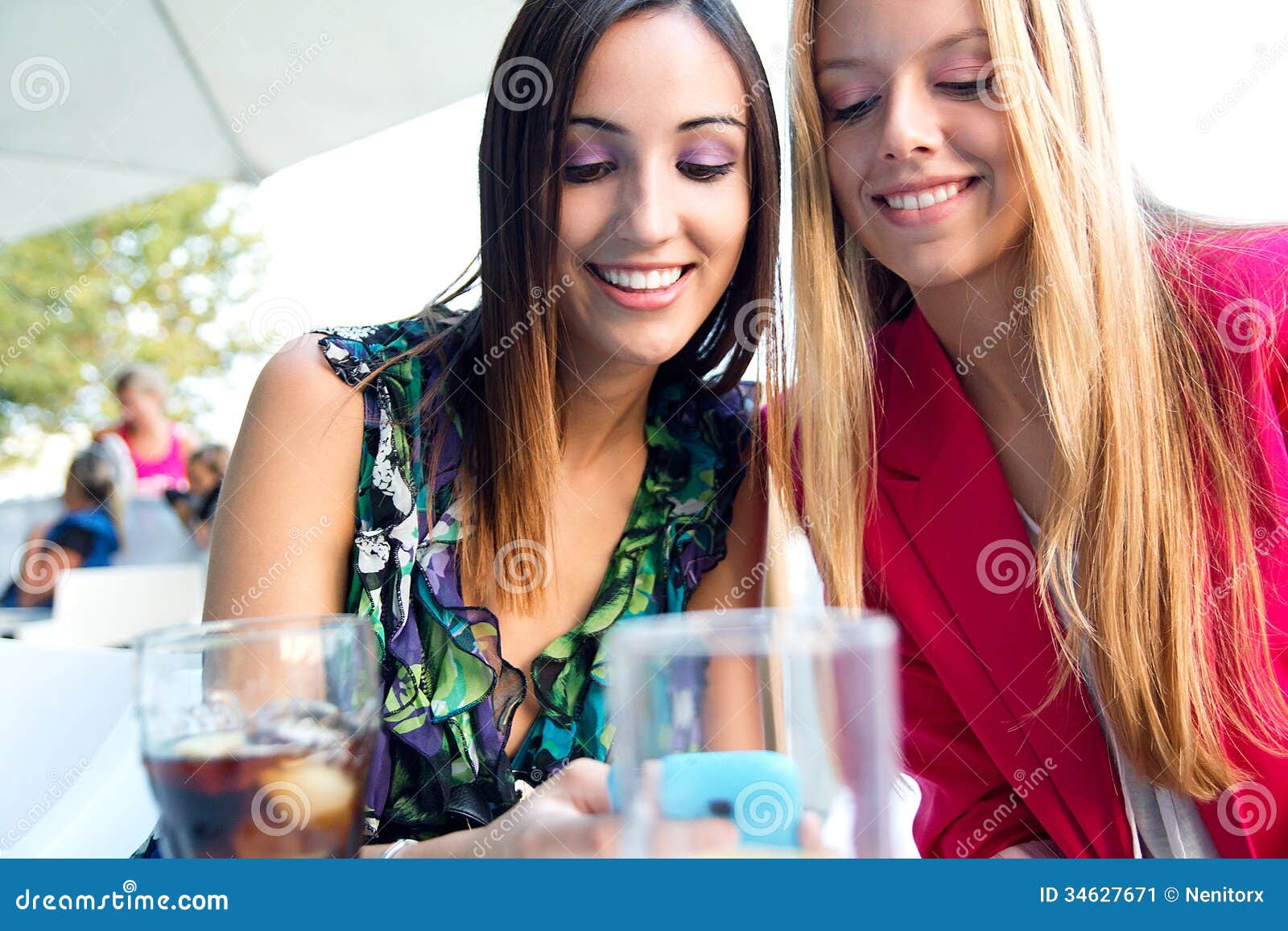 Two Friends Having Fun with Smartphones Stock Image - Image of girl ...