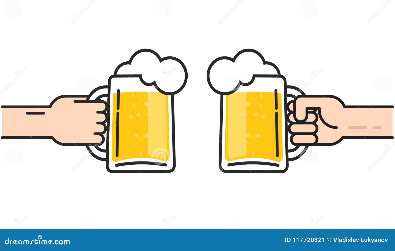 Two Friends Holding Beer Glasses With Foam Cheering Beer In Hands Toasting Concept Of Cheering