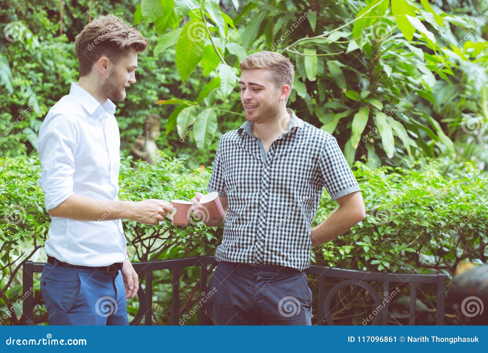 Two Friends Men Talking Standing in a Garden. Stock Image - Image of ...