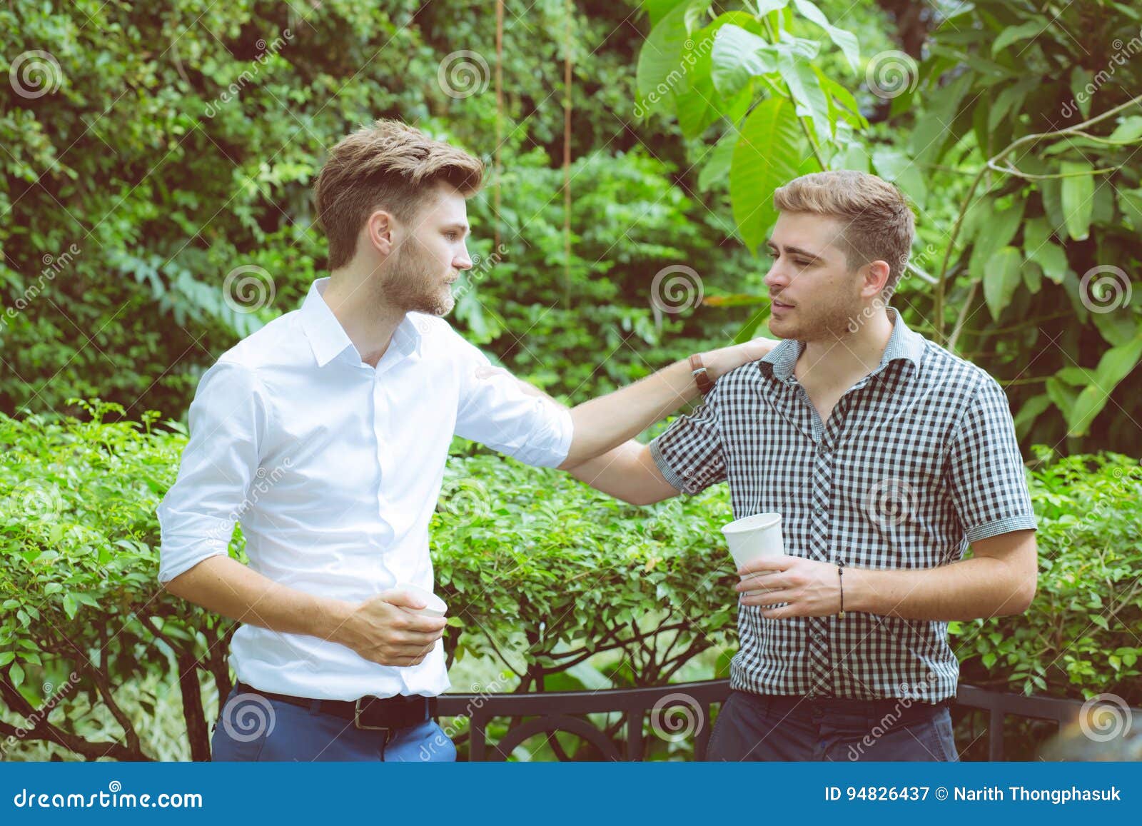 Two Friends Men Talking Standing in a Garden. Stock Image - Image of ...