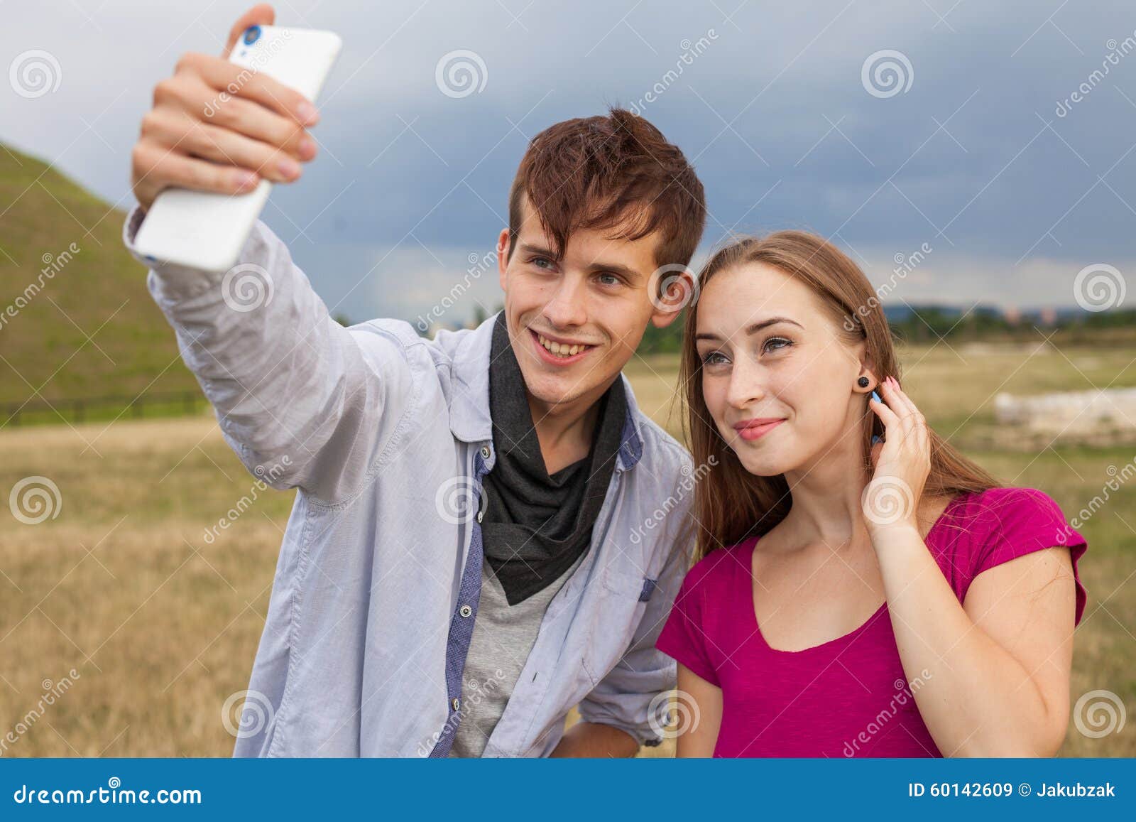 Two Friends with Mobile Phone Taking Selfies. Summer Time. Stock Image ...
