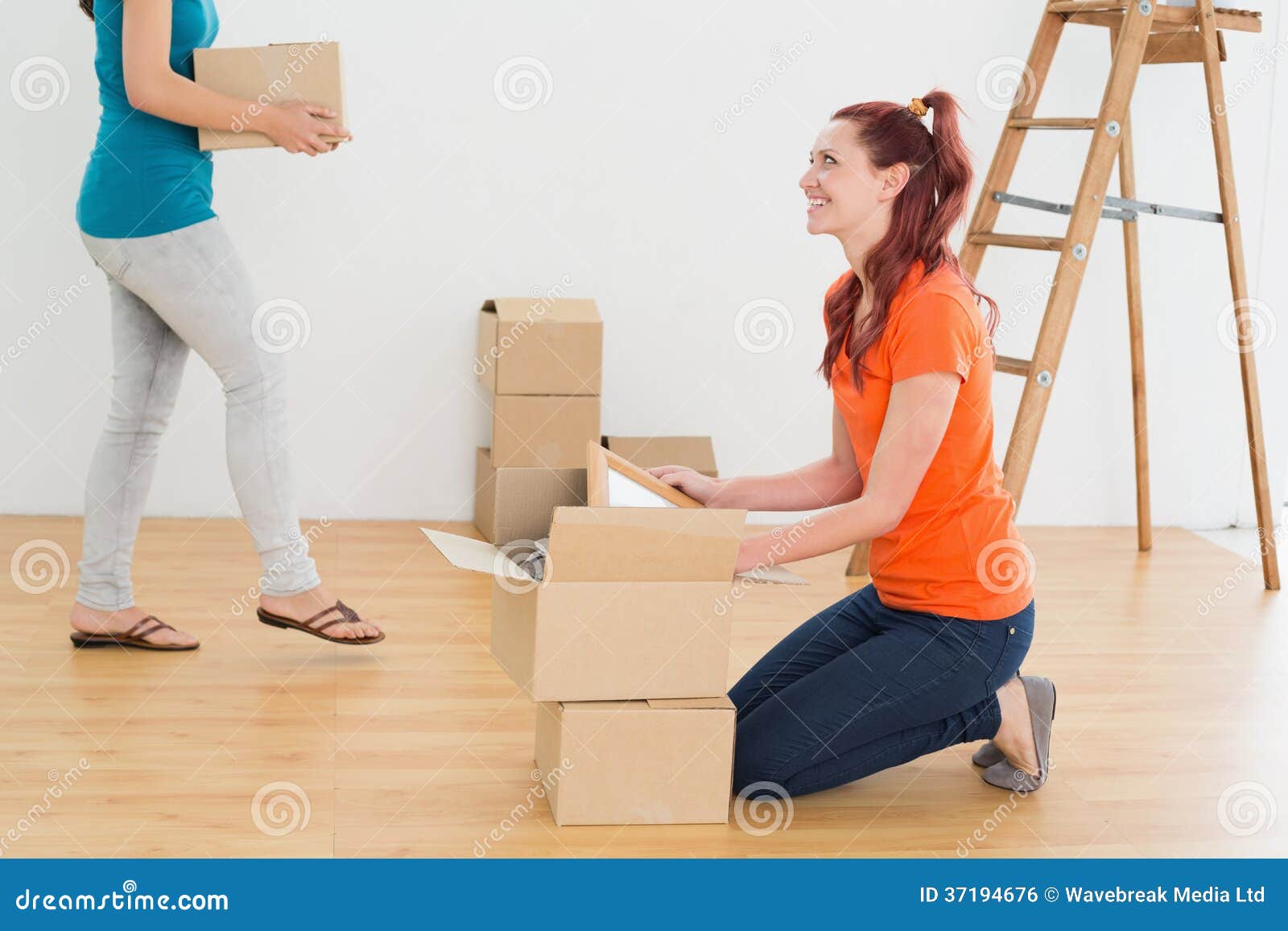 Two Friends Moving Together in a New House Stock Photo - Image of ...