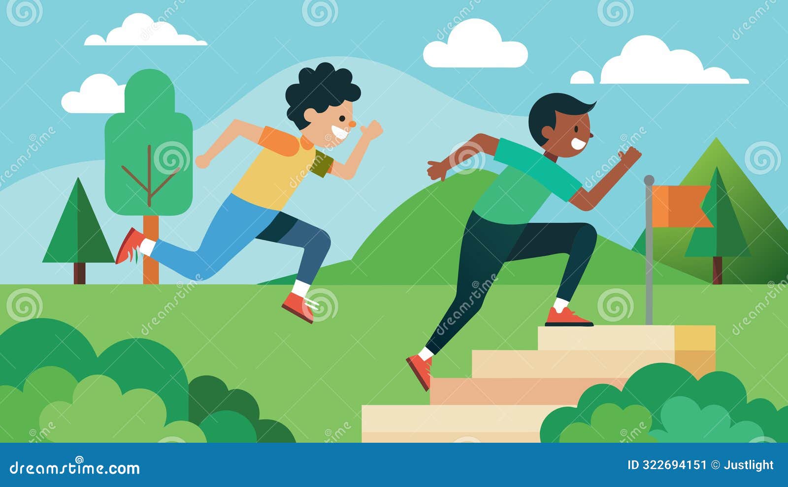 Two Friends Playfully Racing through a Park Using Parkour Techniques To ...