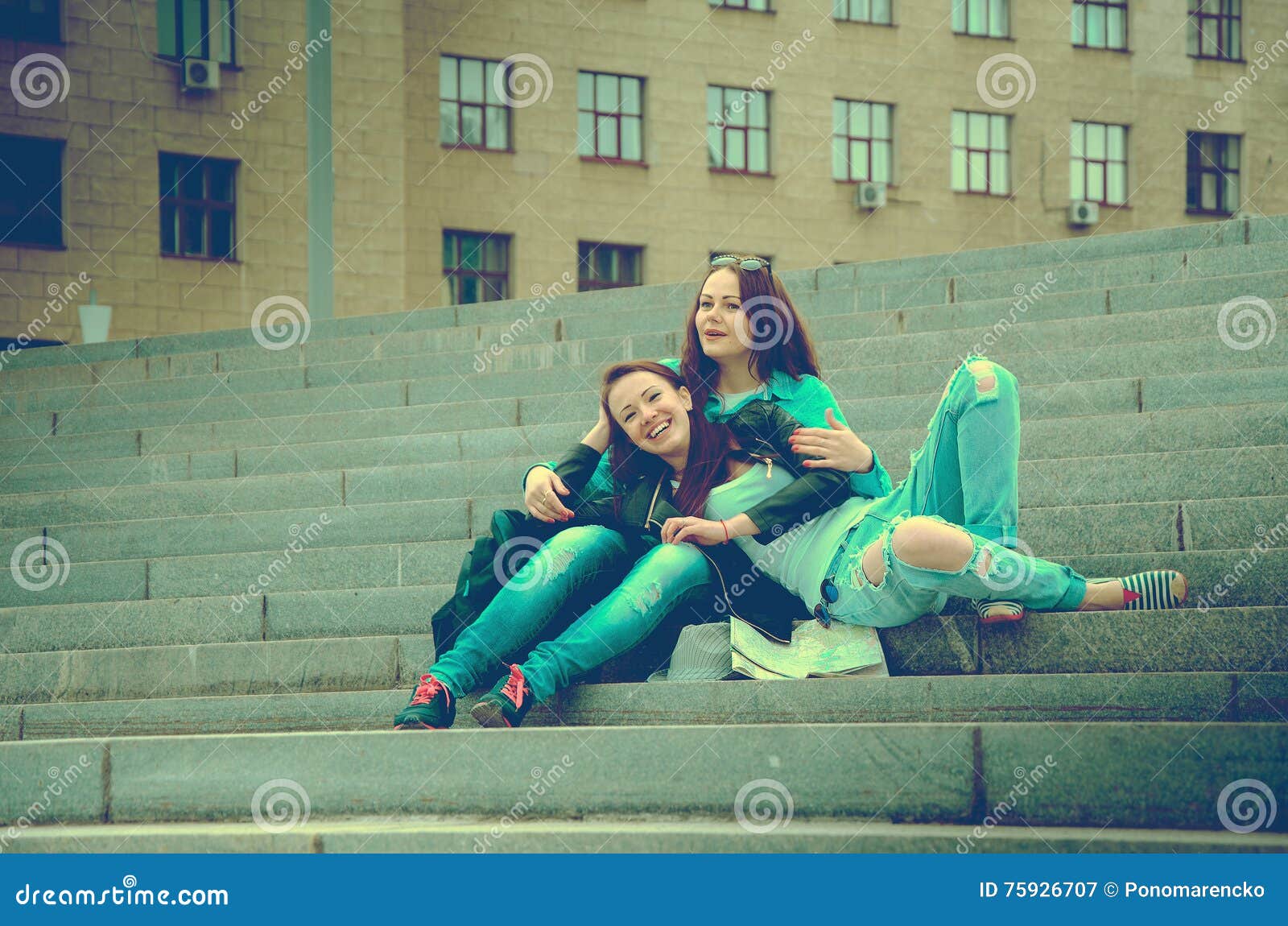 Two Friends are Resting on the Steps Stock Image - Image of holiday ...