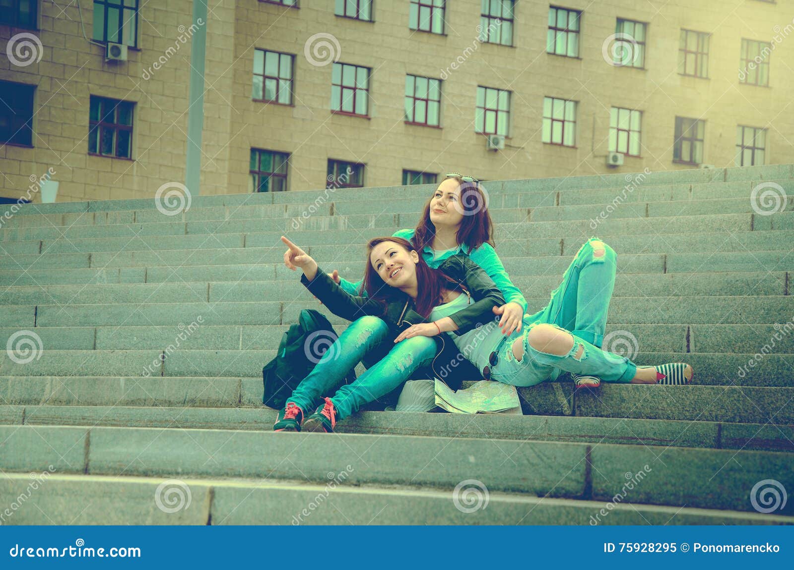 Two Friends are Resting on the Steps Stock Image - Image of summer ...
