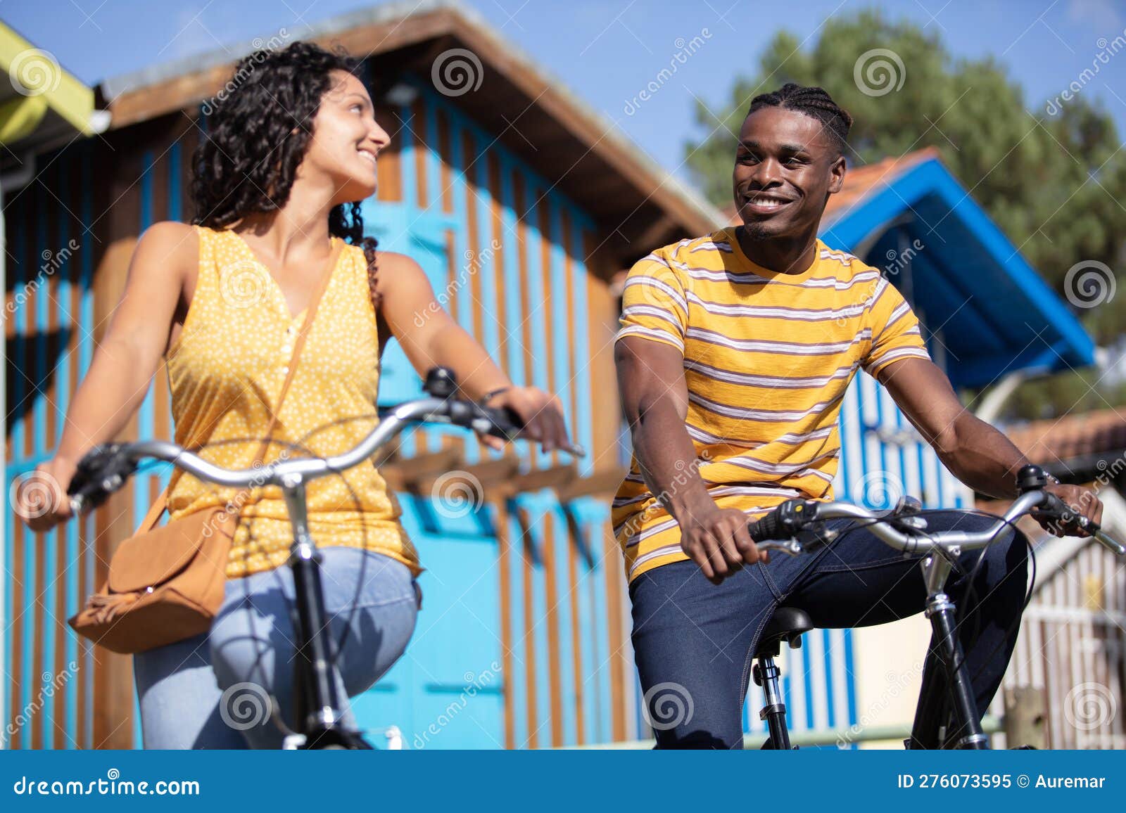 Two Friends Riding on Bikes in Countryside Stock Image - Image of young ...