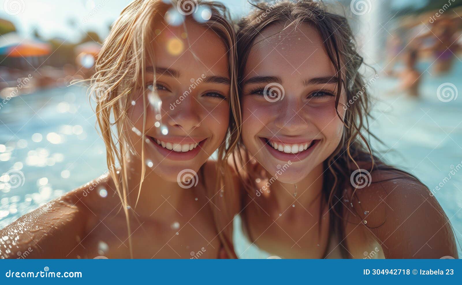 Two Friends Smiling at a Water Slide Pool. Stock Illustration ...