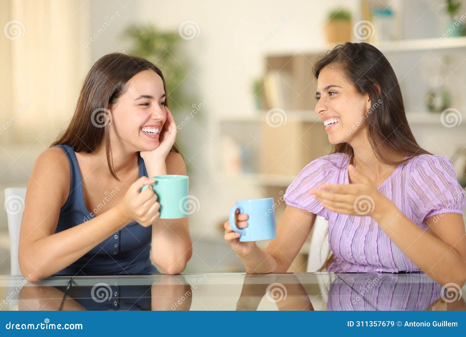 Two Friends Talking Drinking at Home Stock Image - Image of happy ...
