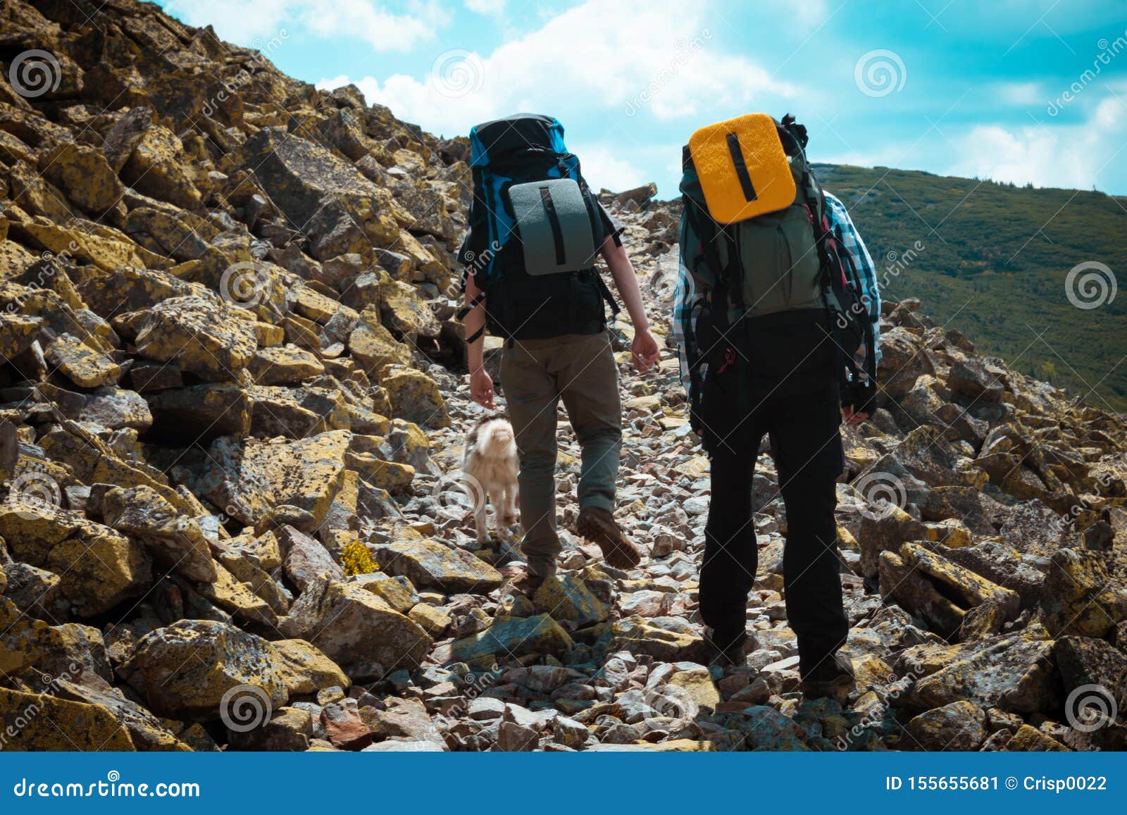 Two Friends Travel in Mountains with Backpacks Stock Image - Image of ...