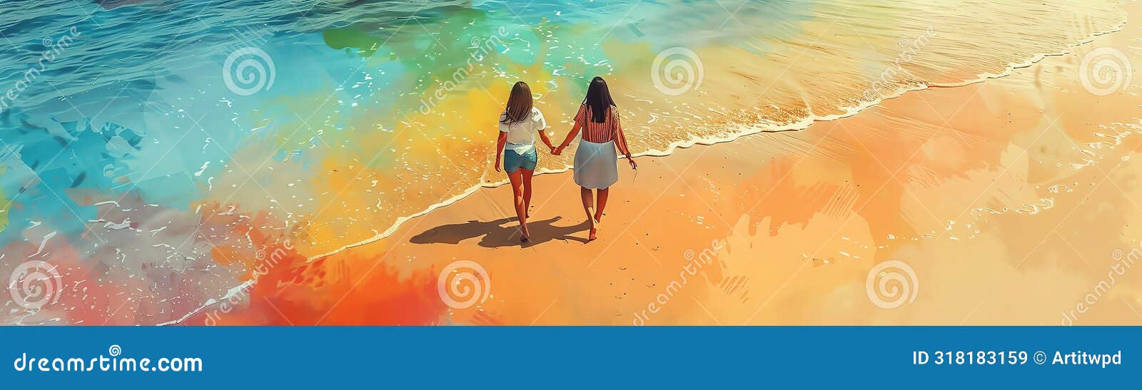 Two Friends Walk Hand-in-hand on a Beach of Multi-colored Sand and ...