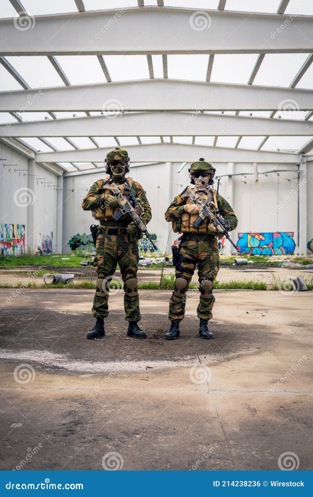 Fully Equipped Soldiers Posing with Assault Rifles in a Covered Area ...