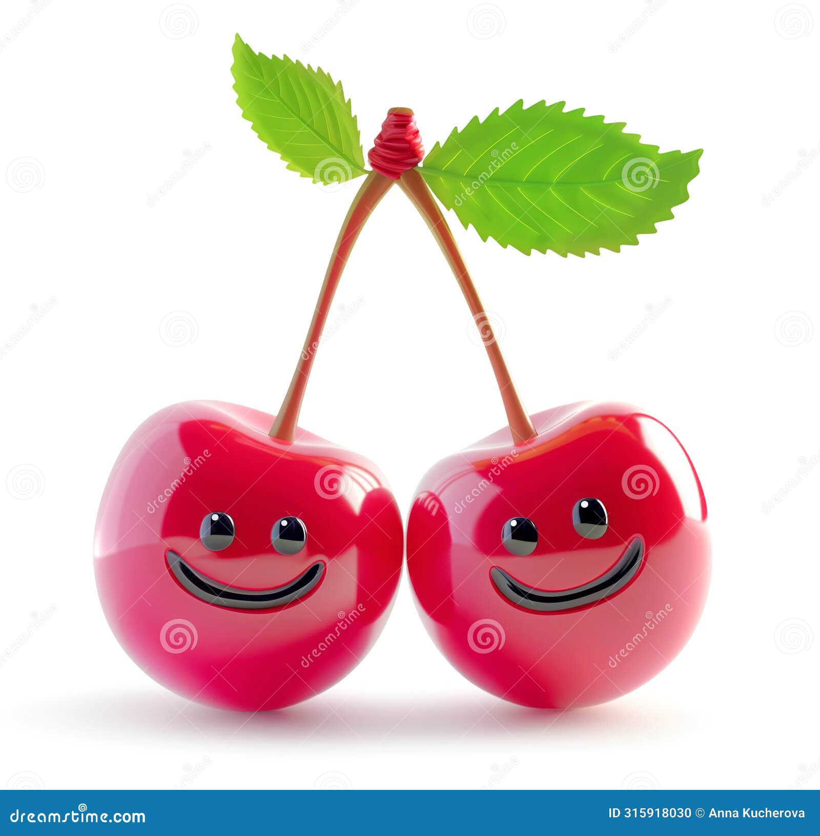 Two Funny Cherry Characters Connected By A Single Stem With Two Leaves Stock Photo ...