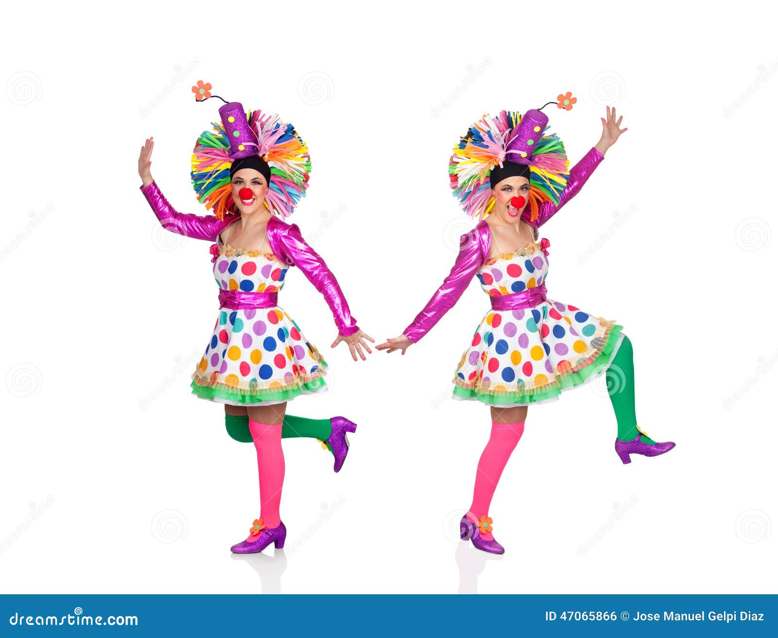 Two funny clowns dancing stock photo. Image of happiness - 47065866