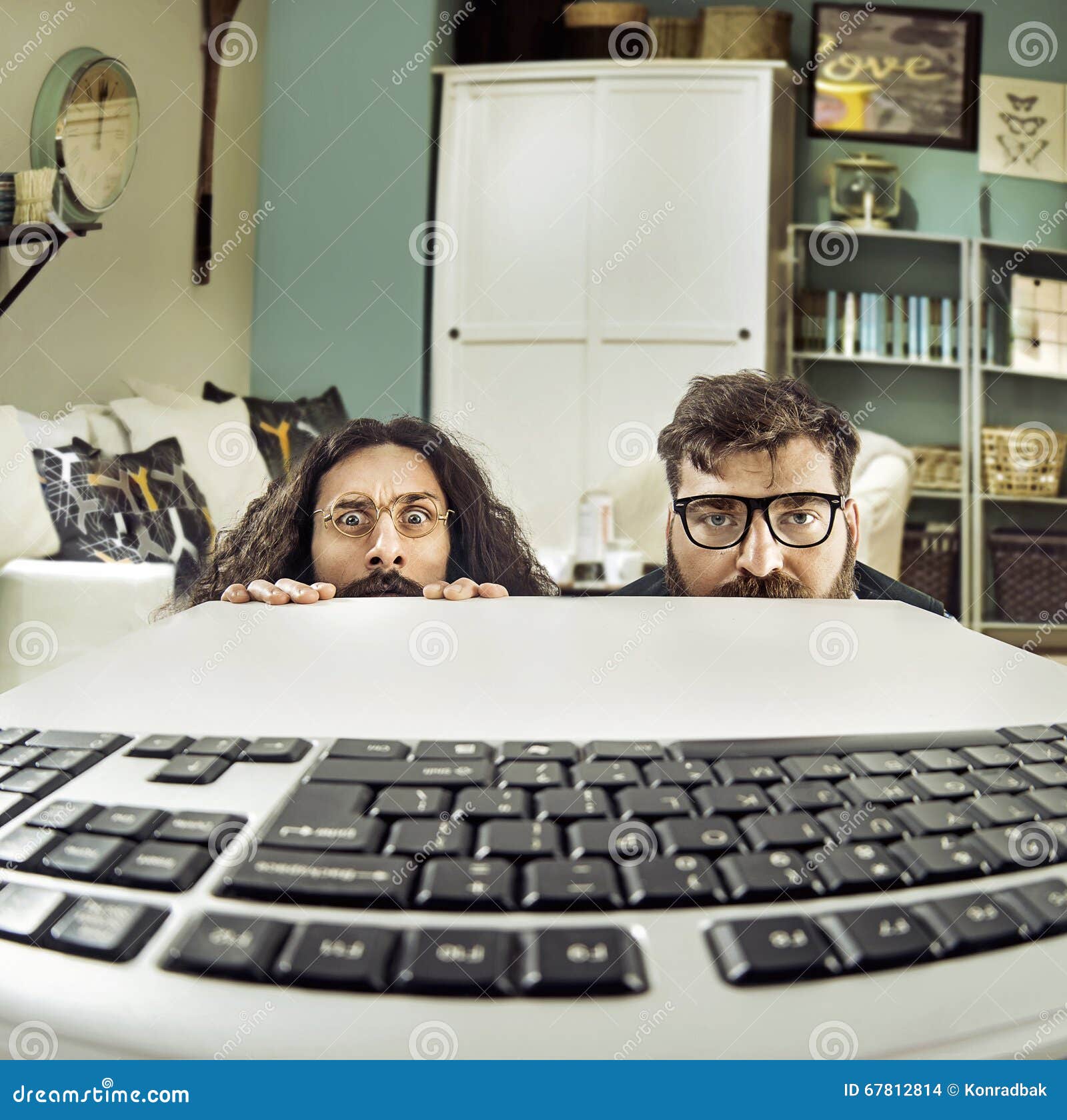 Two Funny Computer Scientits Staring at a Keybord Stock Photo - Image ...