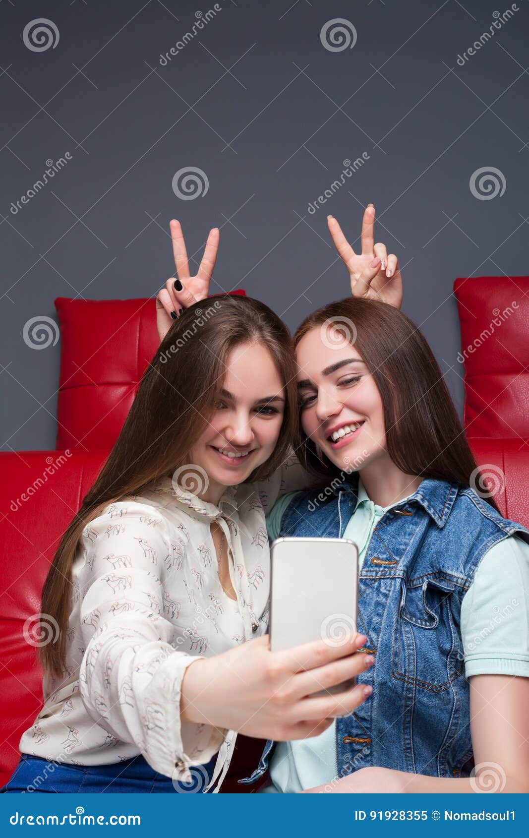 Two Funny Girlfriends Makes Selfie On Camera Stock Image Image Of
