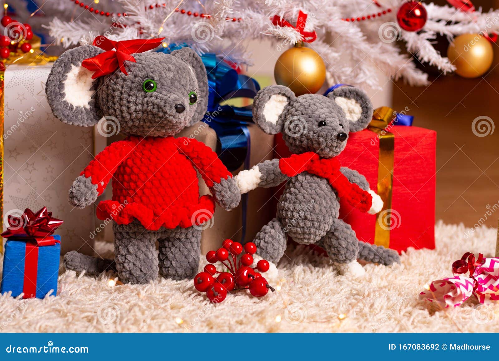 Two Funny Plush Mice Under the Christmas Tree Stock Photo - Image of ...