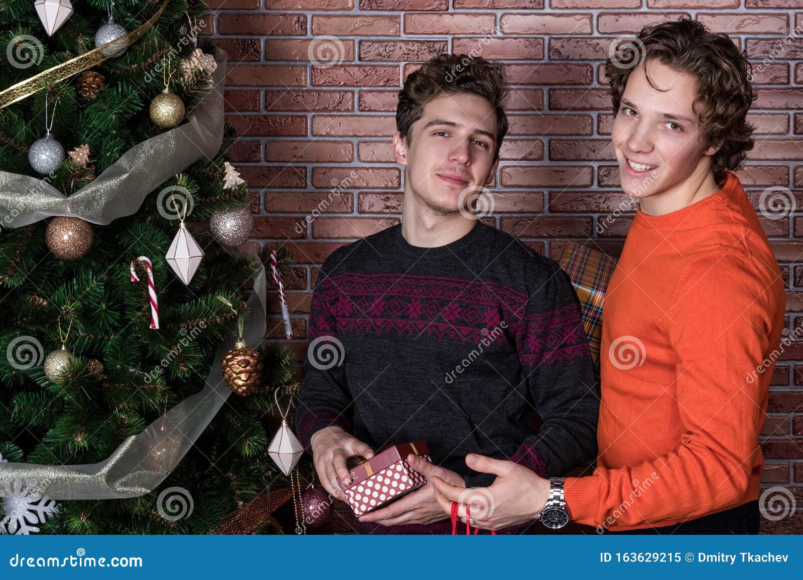 Two Funny Young Men Celebrating Christmas Stock Image - Image of ...