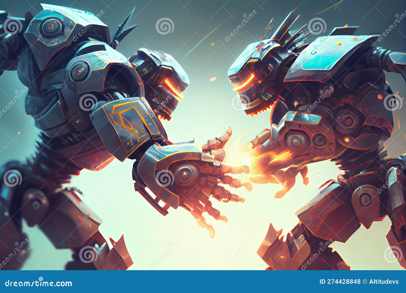 Two Futuristic Robots Battle, Exchanging Blows with Their Mechanical ... Two Futuristic Robots Battle, Exchanging Blows with Their Mechanical ...