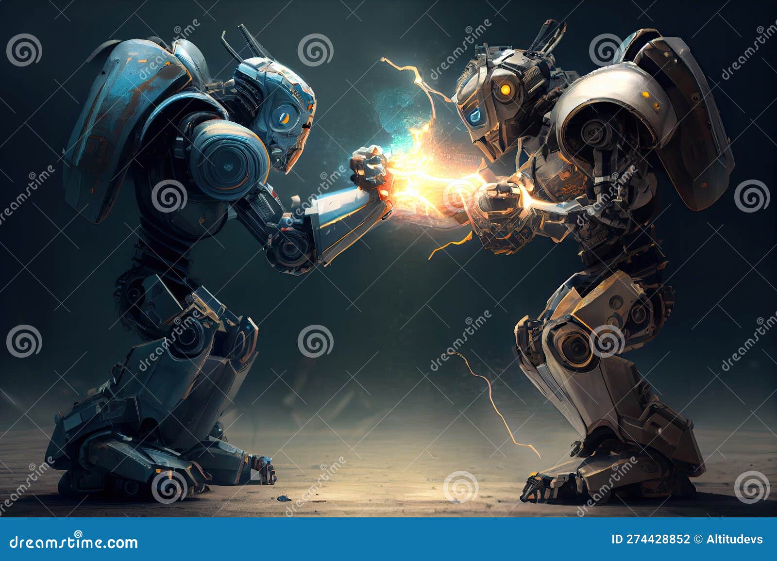 Two Futuristic Robots Battle, Exchanging Blows with Their Mechanical ... Two Futuristic Robots Battle, Exchanging Blows with Their Mechanical ...