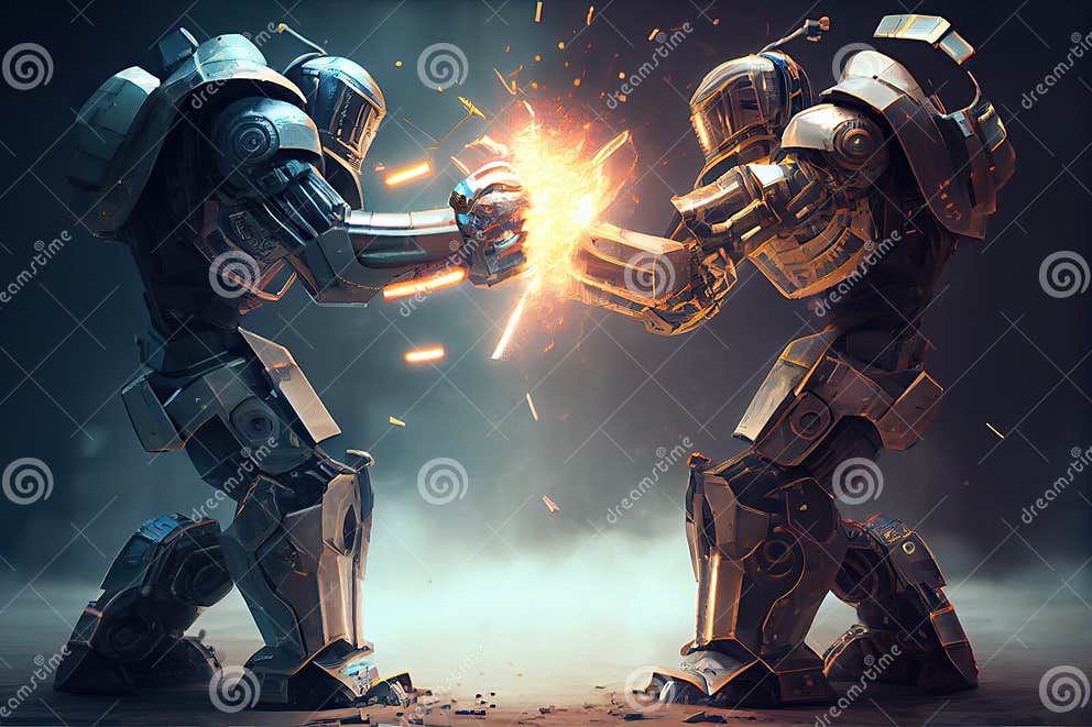 Two Futuristic Robots Battle, Exchanging Blows with Their Mechanical ... Two Futuristic Robots Battle, Exchanging Blows with Their Mechanical ...