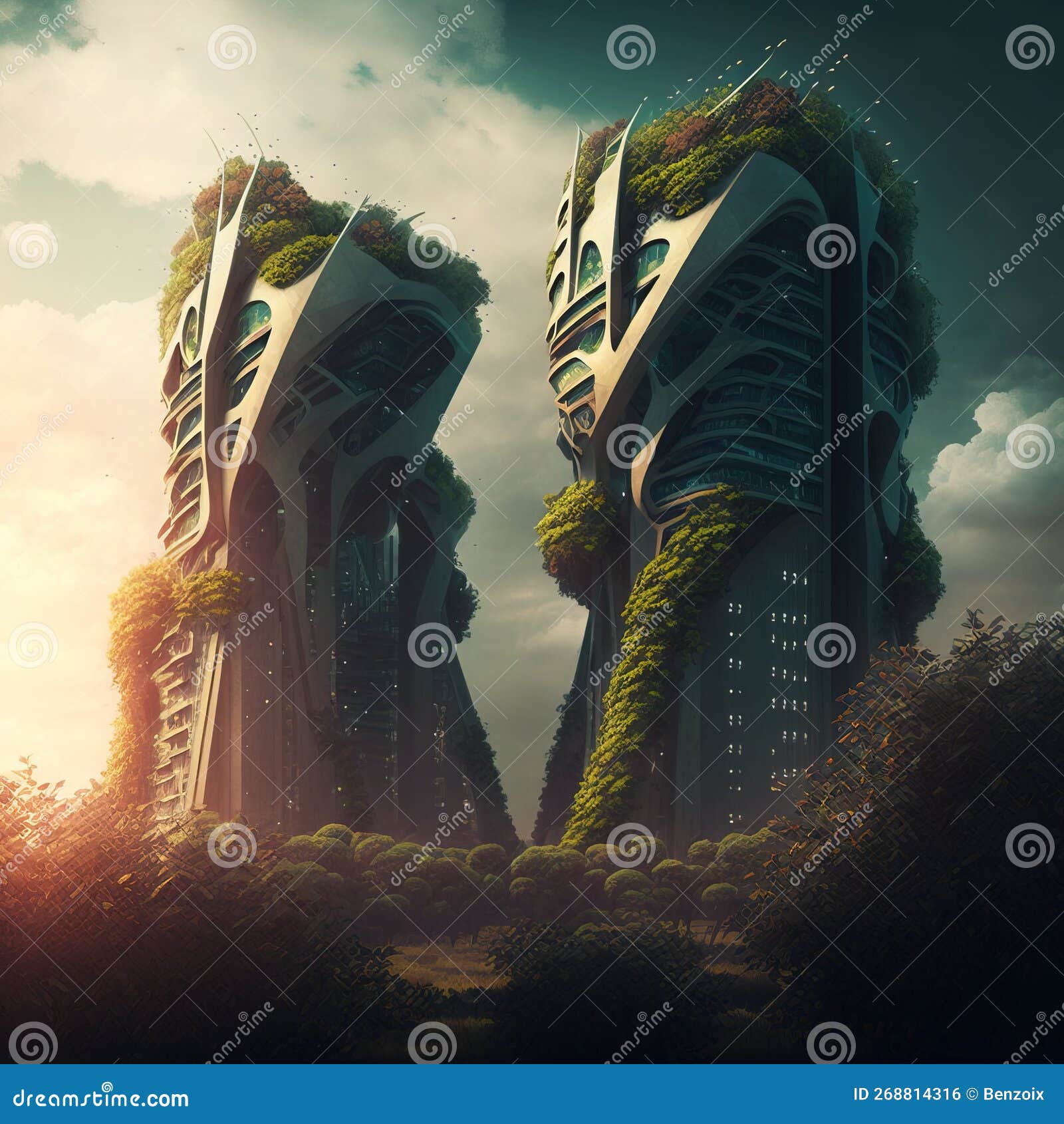 Two Futuristic Towers with a Skybridge Covered in Lush Foliage, Digital ... Two Futuristic Towers with a Skybridge Covered in Lush Foliage, Digital ...