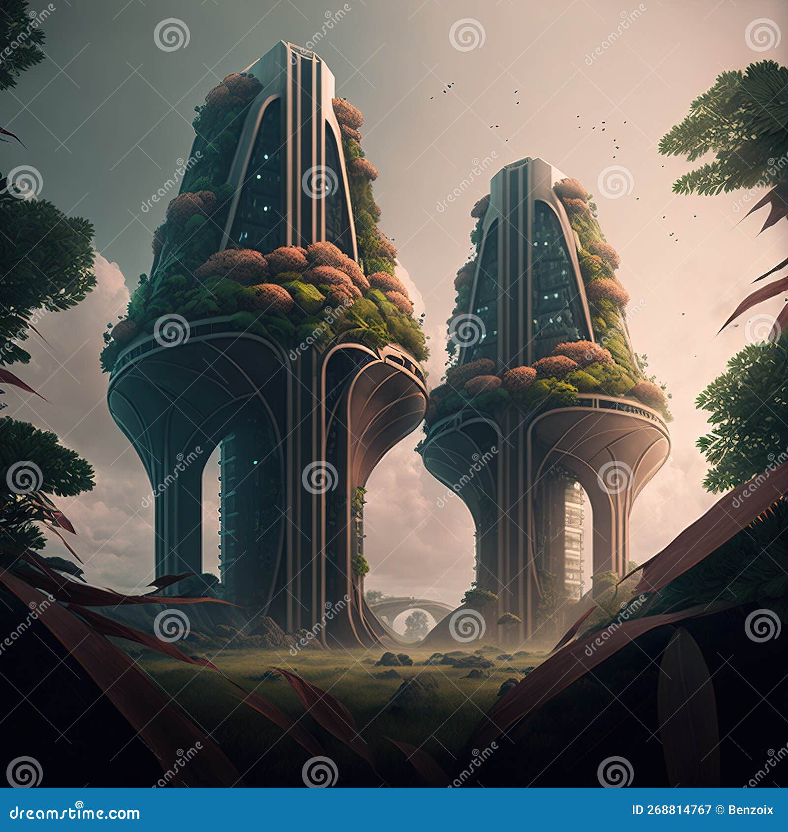 Two Futuristic Towers with a Skybridge Covered in Lush Foliage, Digital ... Two Futuristic Towers with a Skybridge Covered in Lush Foliage, Digital ...