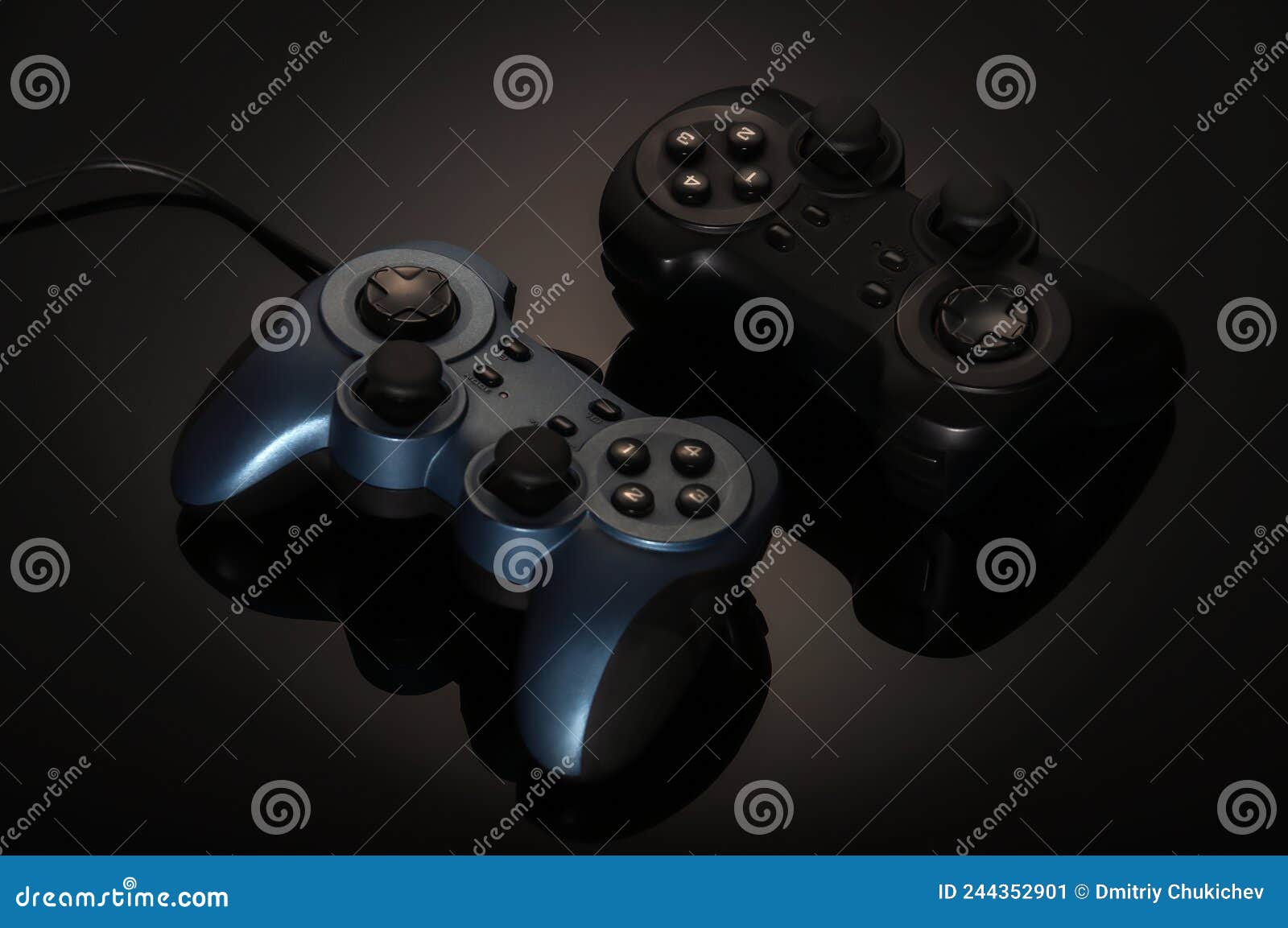 Two Game Joysticks, Gamepads, Black and Blue on a Black Gradient ...