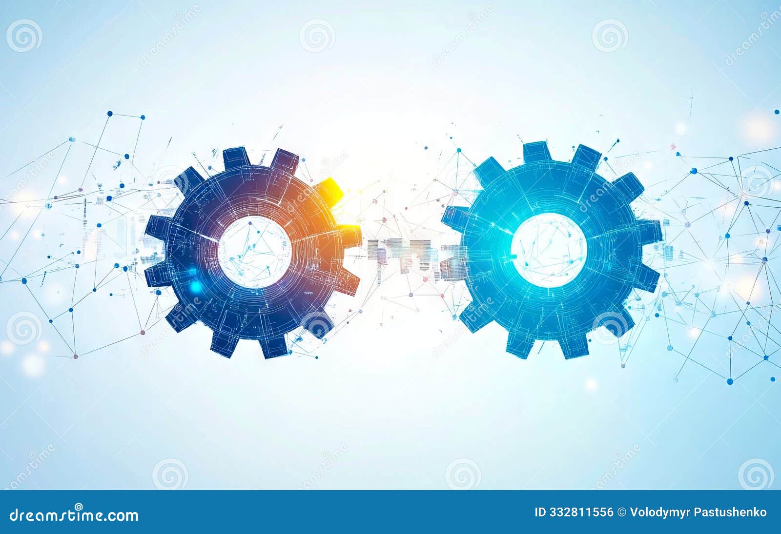 Two Gears with Connected Lines and Dots on a Blue Background Stock ...