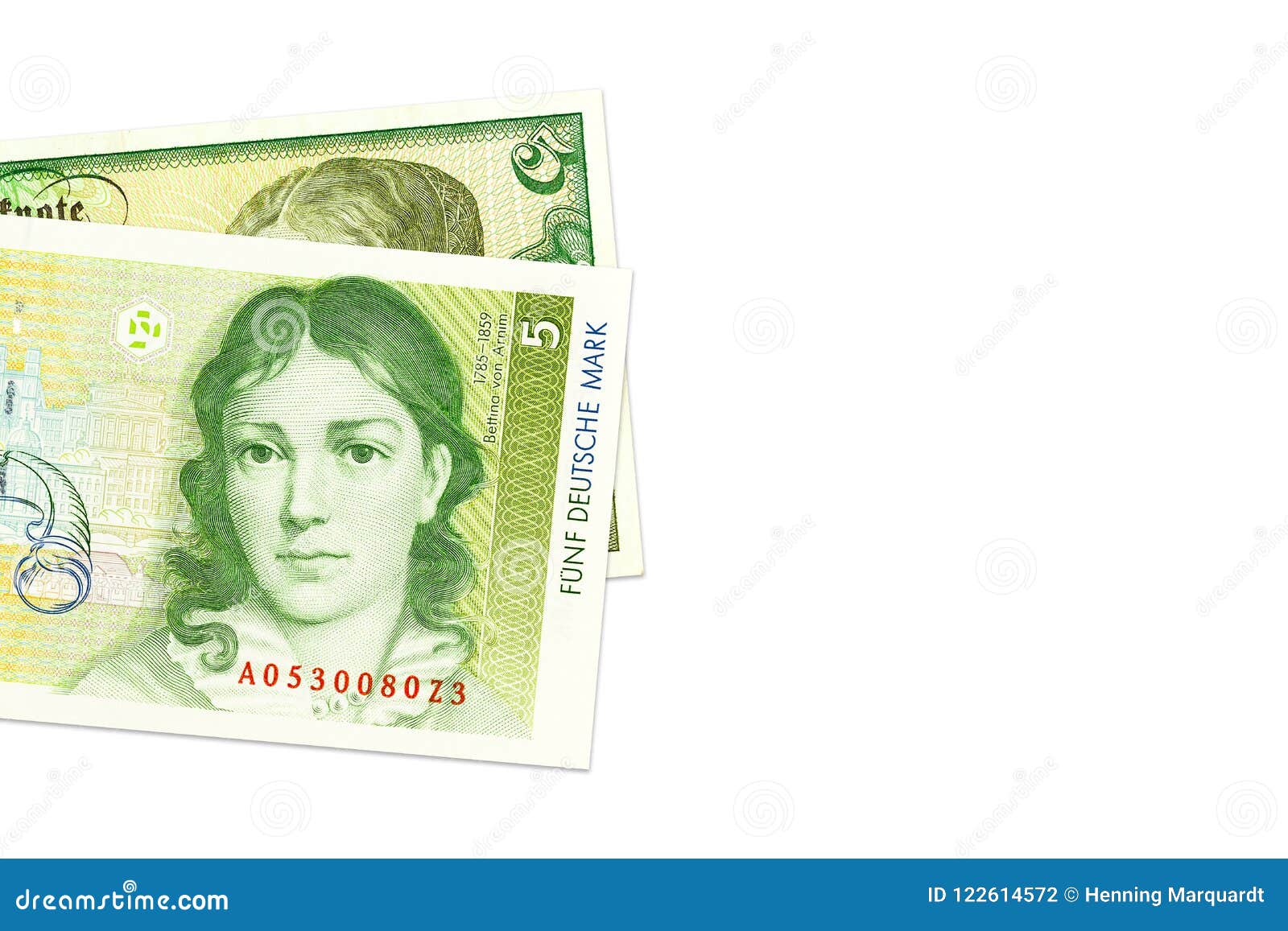 Two 5 German Mark Bank Notes from Different Times Stock Photo - Image ...