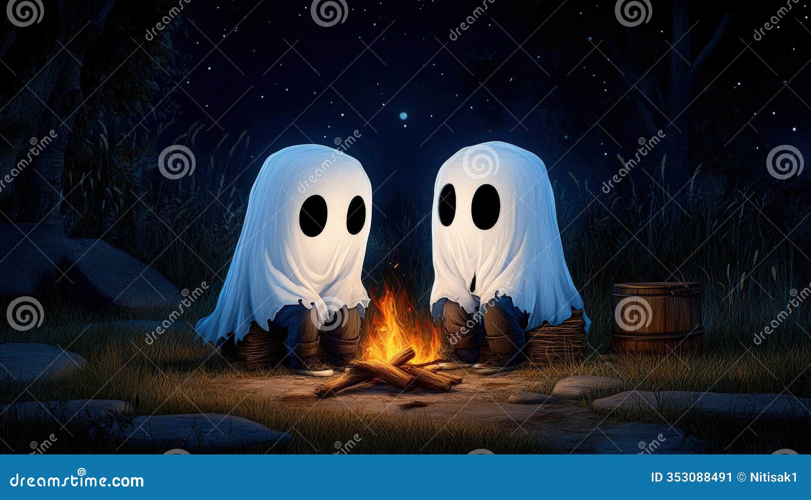 Two Ghost Characters by a Campfire Night Scene with Stars and Trees ...