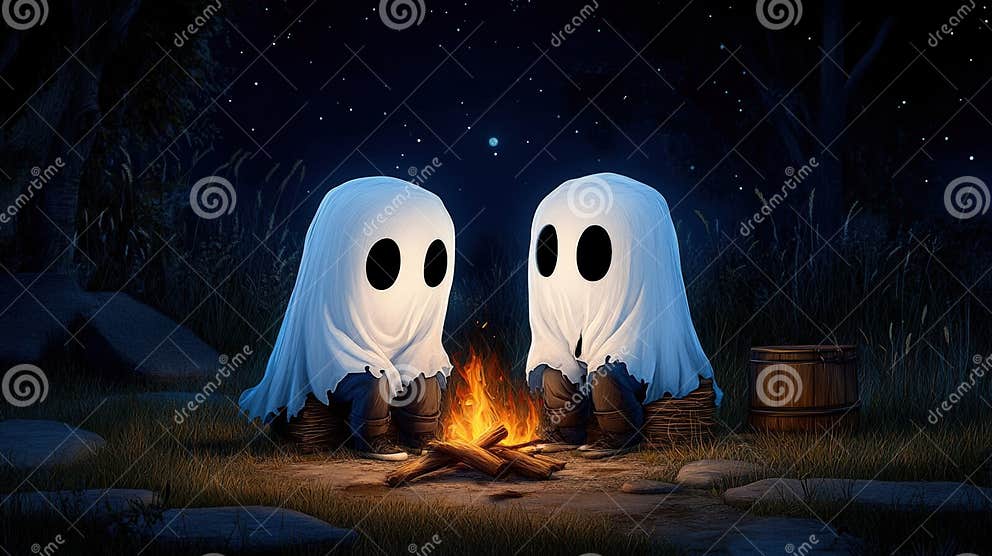 Two Ghost Characters by a Campfire Night Scene with Stars and Trees ...