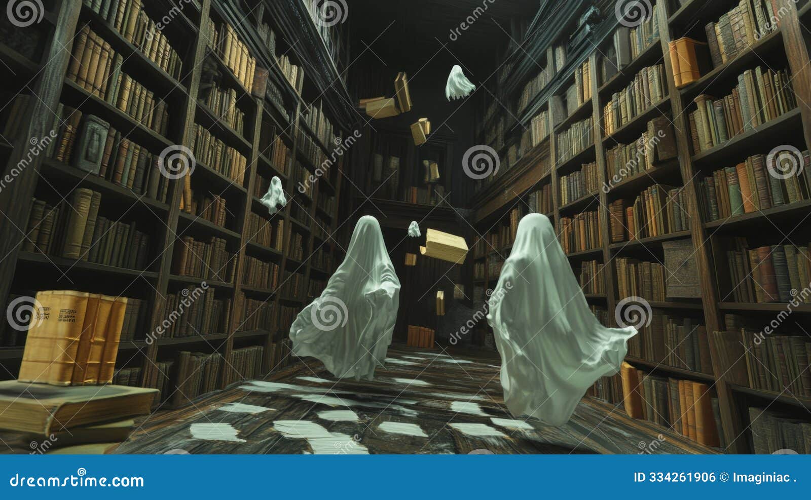 Two Ghosts in a Dark and Dusty Library Stock Illustration ...