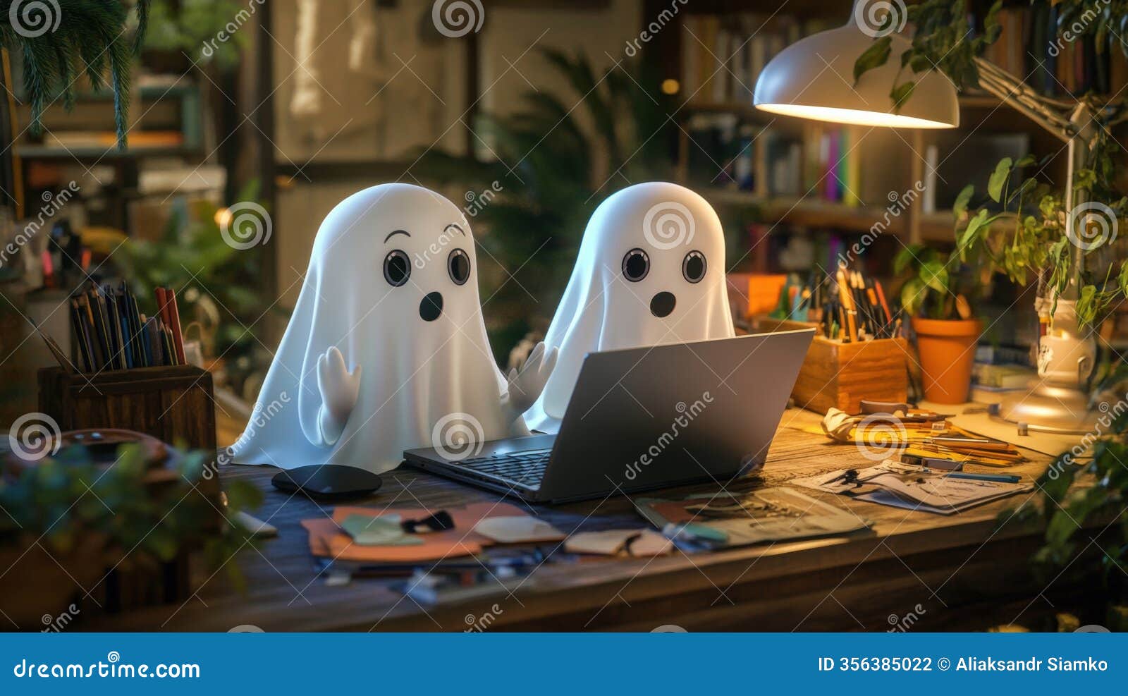 Two Ghosts are Sitting on a Desk with a Laptop Stock Illustration ...