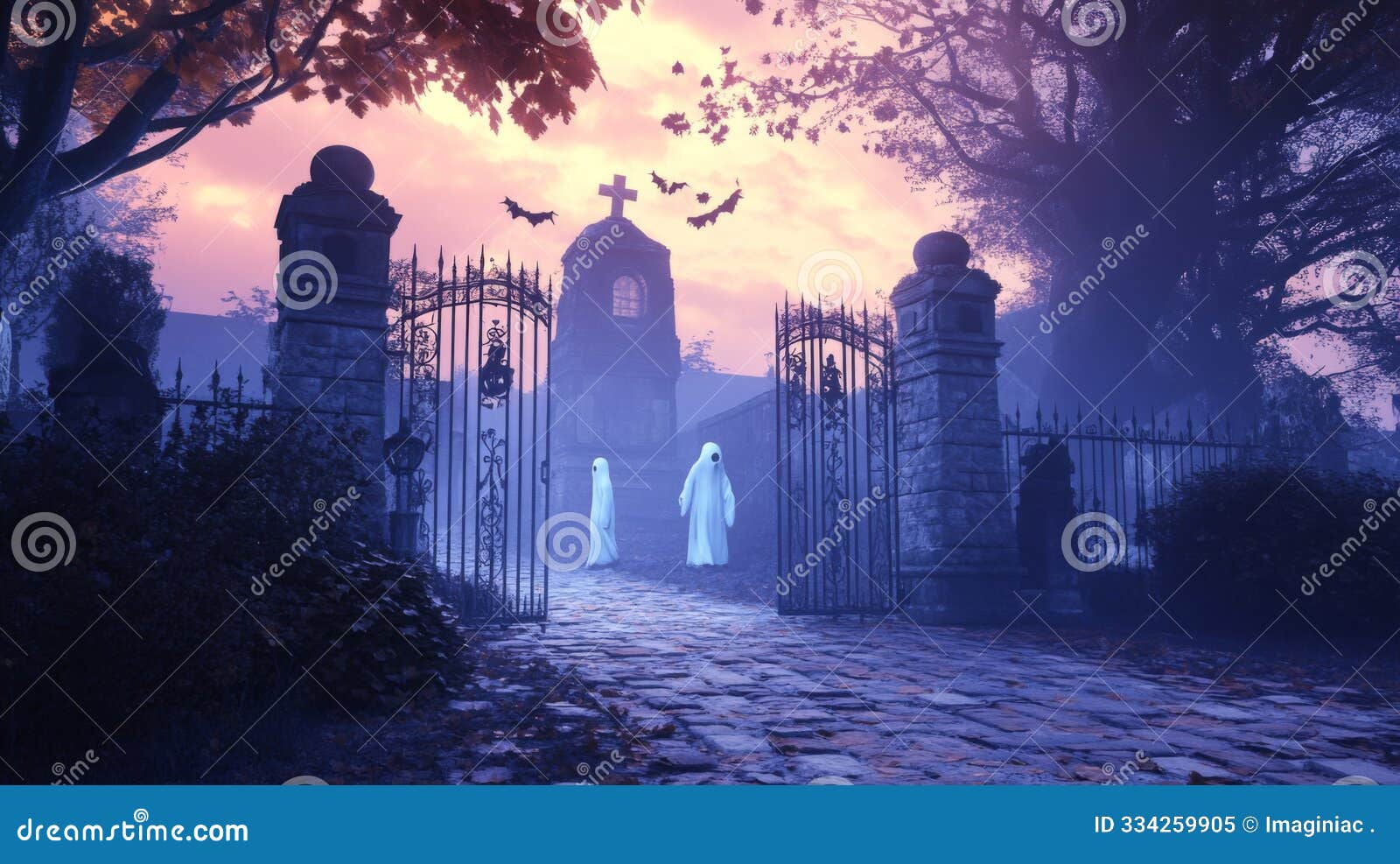 Two Ghosts Walking through a Gate at Dusk Stock Illustration ...