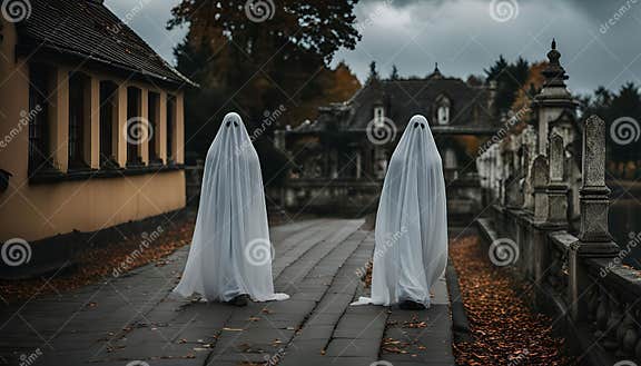Two Ghosts Walking on a Stone Path Stock Illustration - Illustration of ...