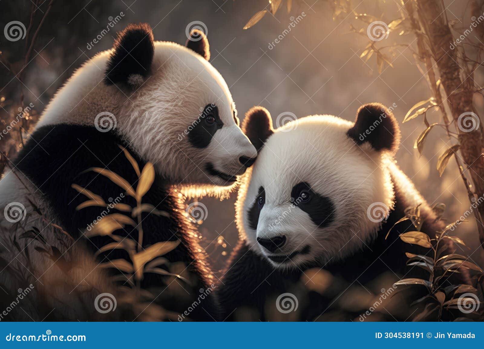Two Giant Panda Bear in Bamboo Forest at Sunset. Chengdu, China Stock ...