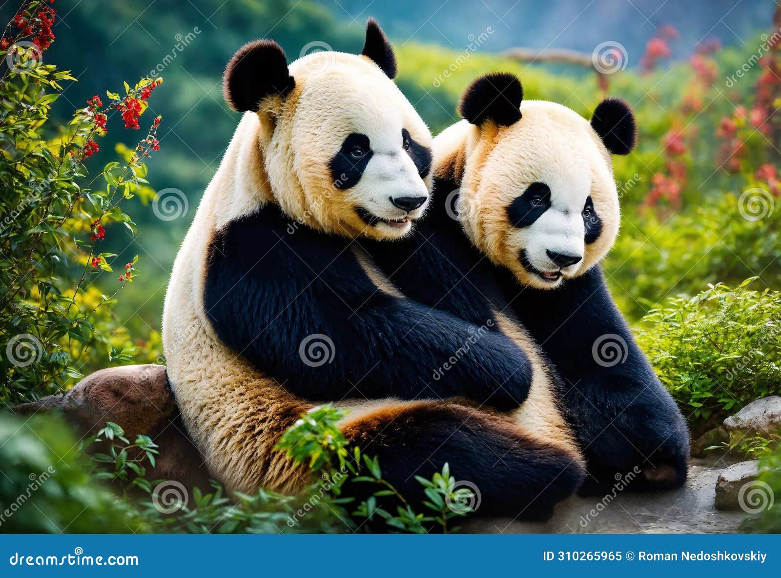 Two Giant Panda Bear Cub Sitting in a Greenery of Spring Meadow Stock ...