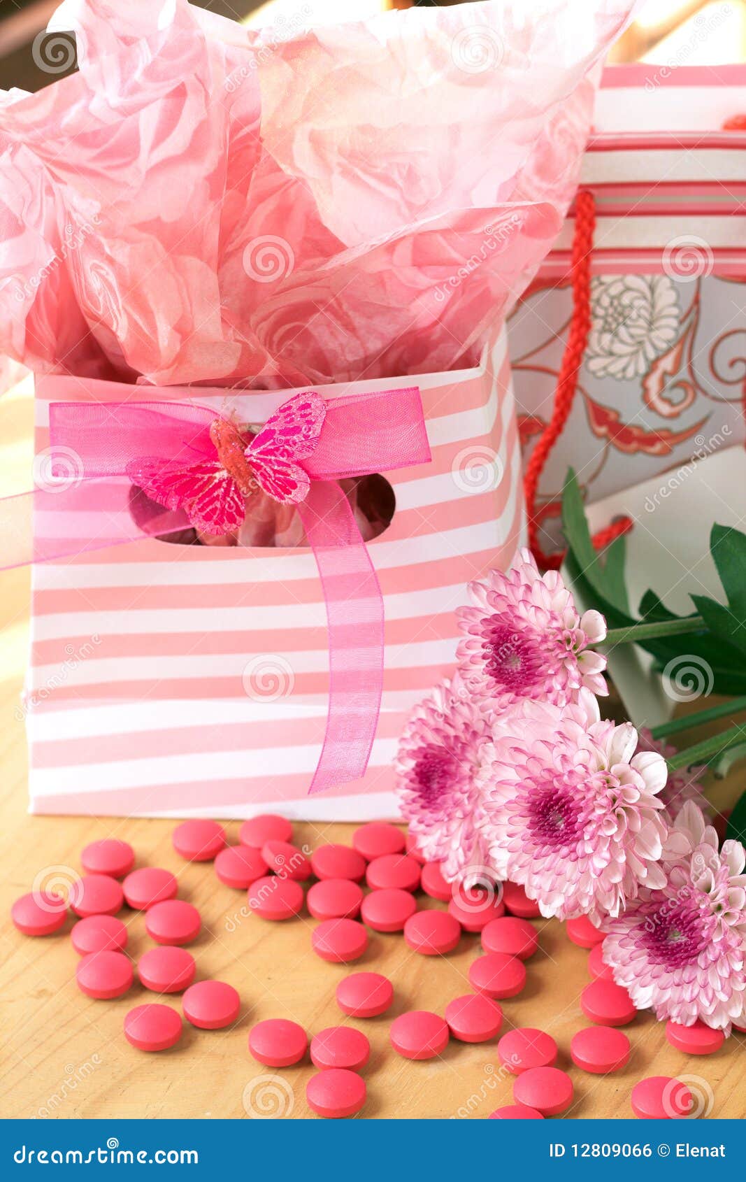 Two Gift Bags with Pink Candy Around Stock Photo - Image of wrap ...