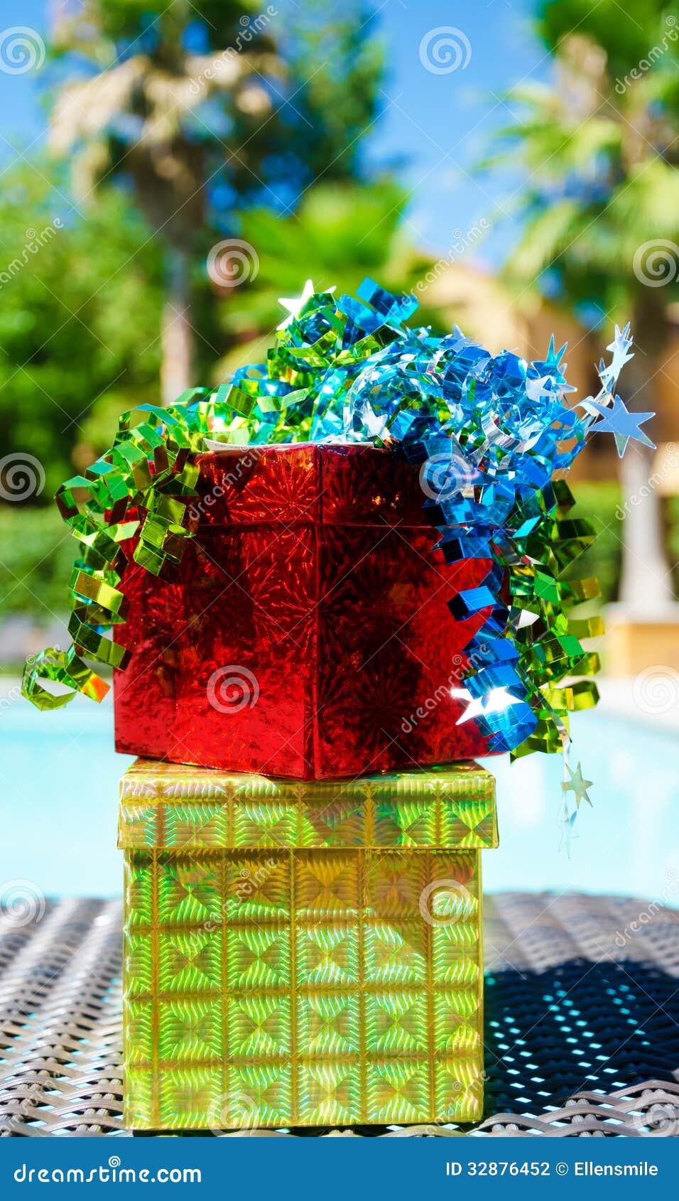 Two Gift Boxes by the Swimming Pool Stock Photo - Image of pool ...