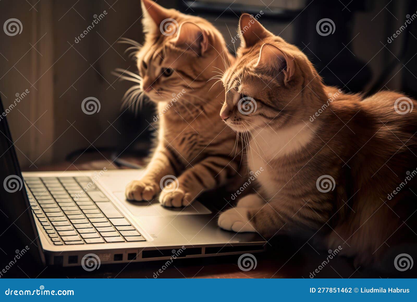 Two Ginger Cats are Lying on the Table with a Laptop and Looking at the ...