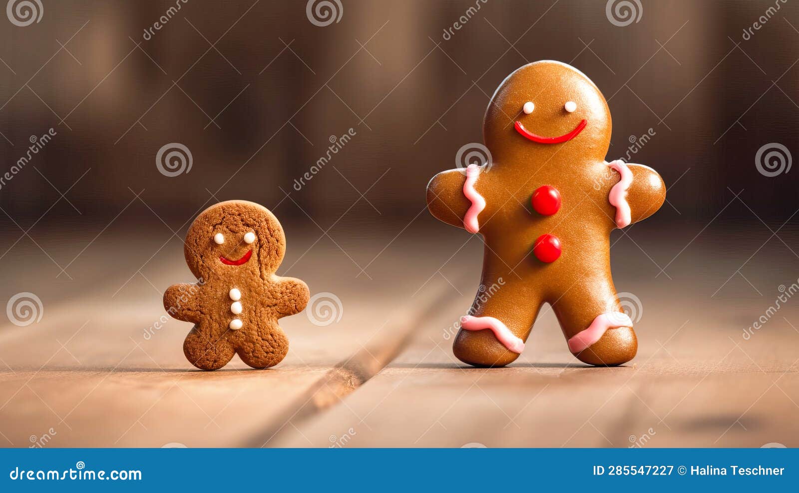 Two Gingerbread Man Big and Small Dancing on the Wooden Kitchen Table ...