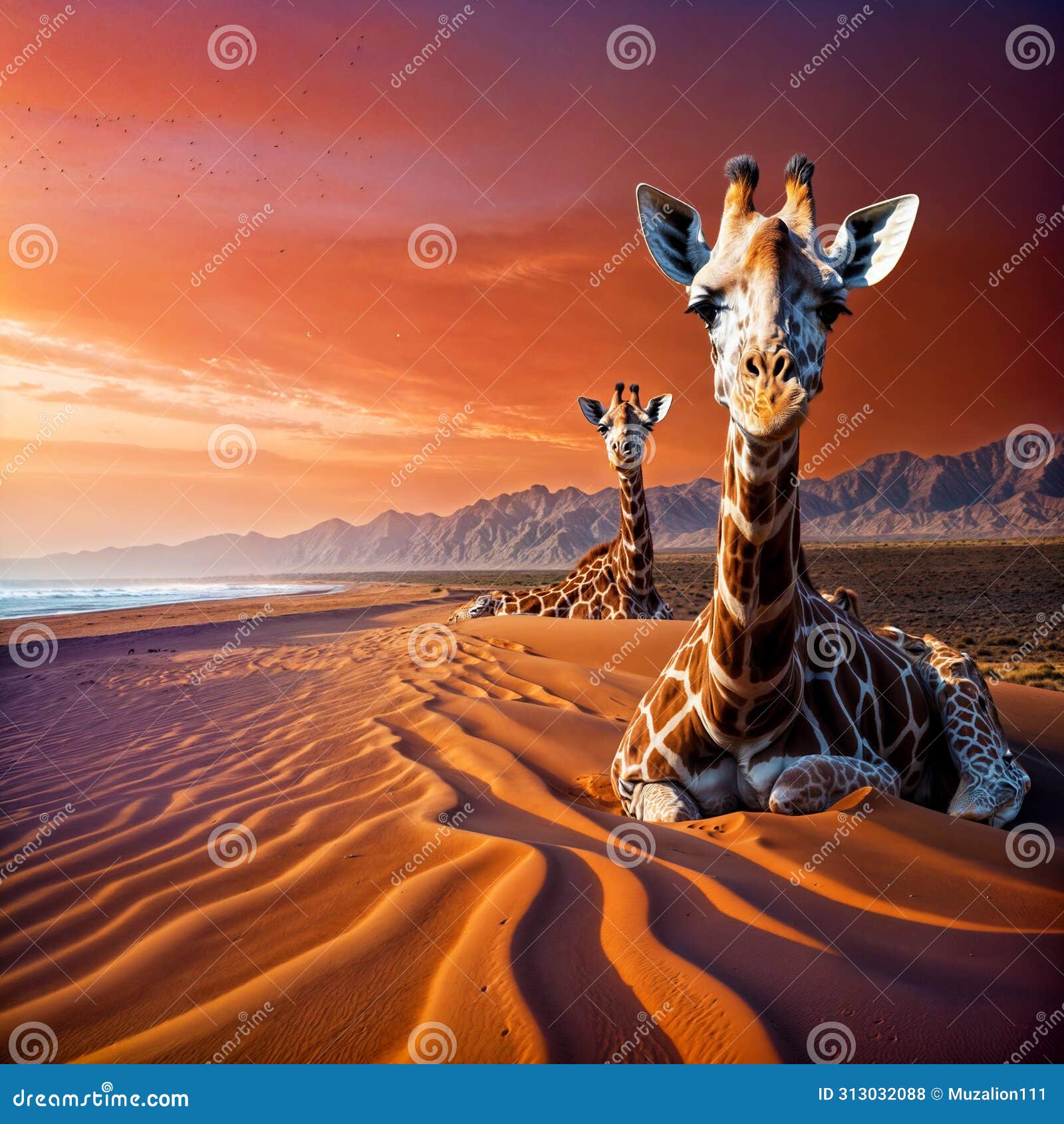 Two Giraffes on the Background of an Orange Landscape Stock Photo ...