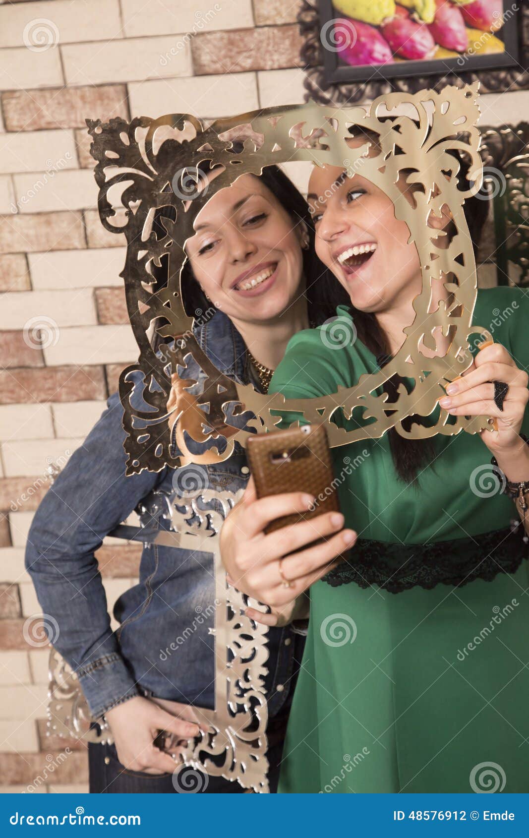 Two girl friends smiling stock photo. Image of laugh - 48576912