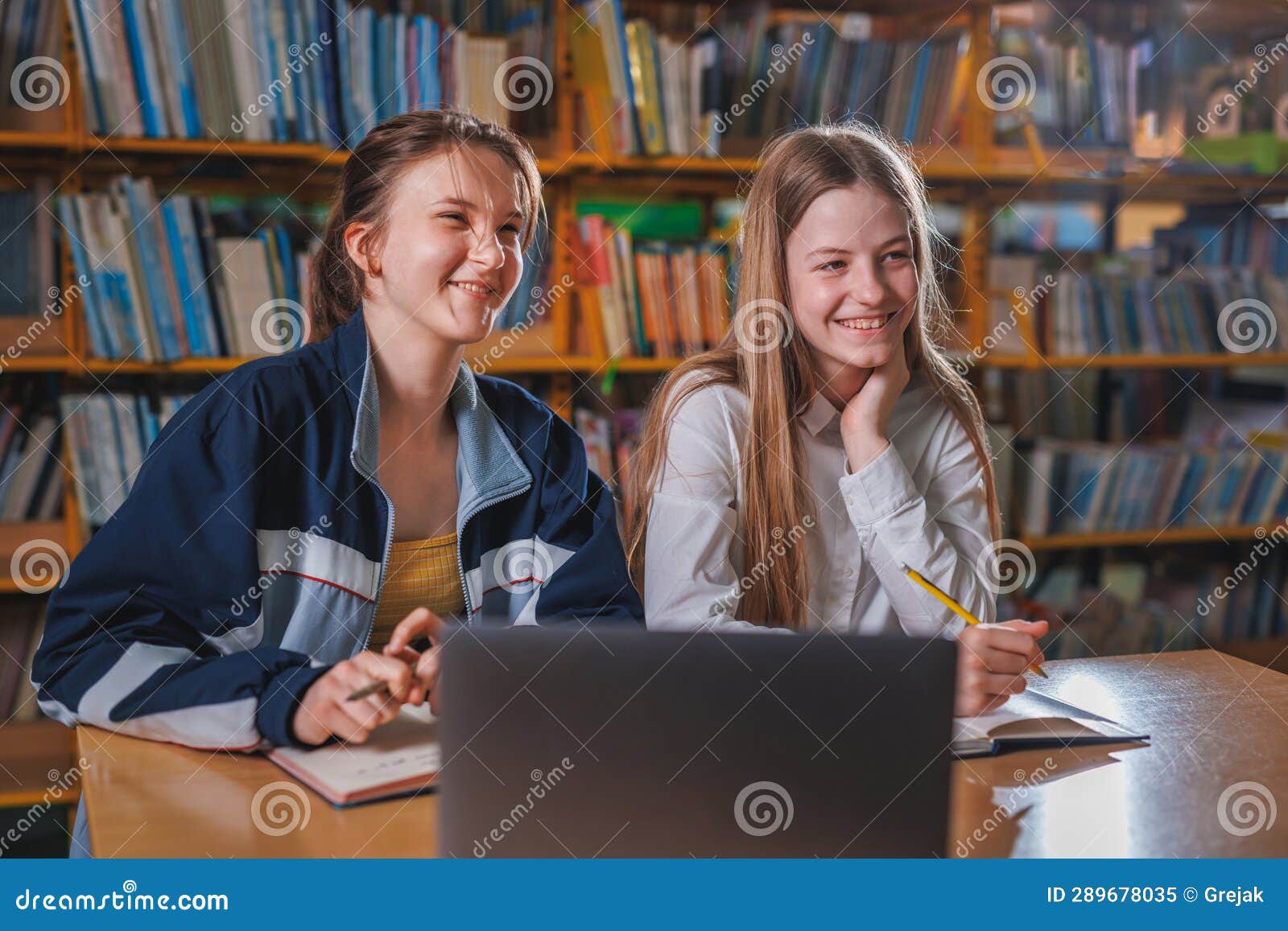 Two Girls Using a Laptop during Online Lessons in the Library Stock ...