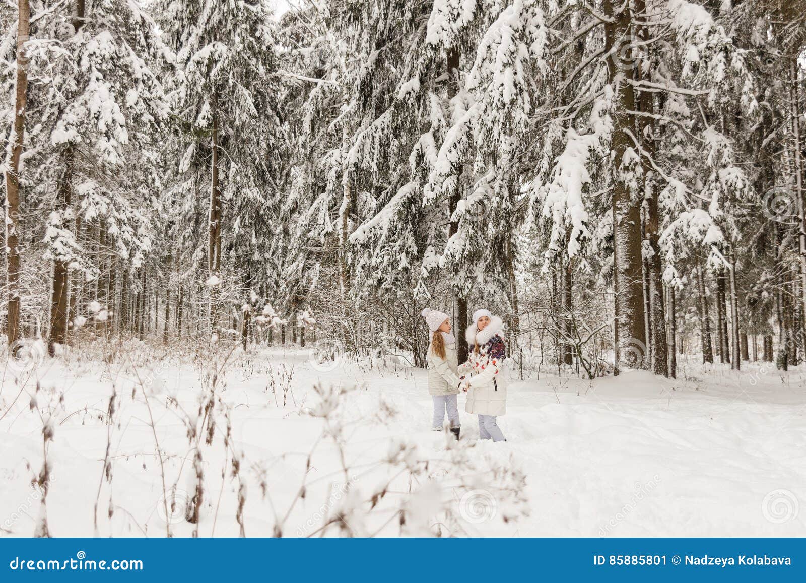 Two Girlfriends Playing in a Winter Forest. Stock Image - Image of love ...
