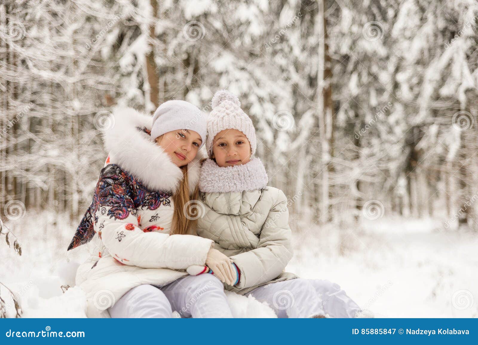 Two Girlfriends Playing in a Winter Forest. Stock Image - Image of cute ...